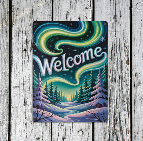 Rustic Cabin Borealis Aurora Northern Lights Winter Wall Art Sign Home ...