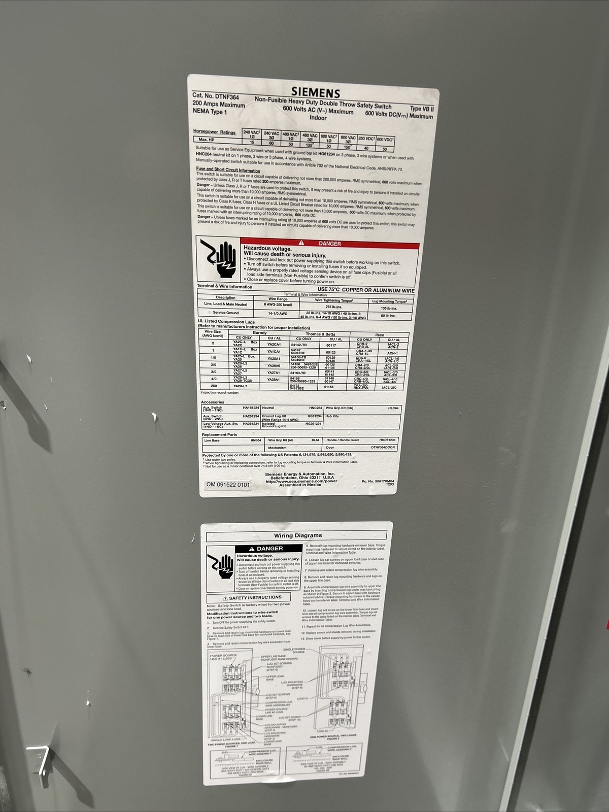 DTNF364 Siemens Heavyduty Safty Switch 200 AMP 600 V Double Throw | eBay