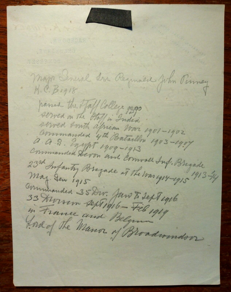 Major General Sir Reginald John Pinney (1863-1943) Autograph -Signed ...