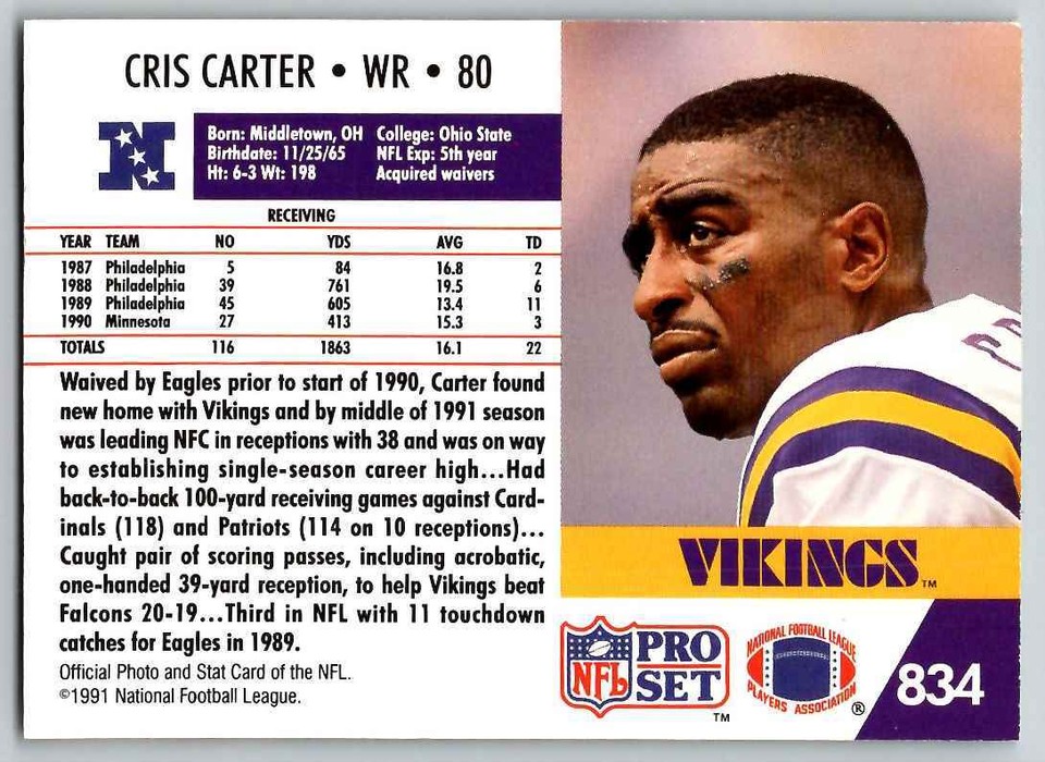 1991 PRO SET CRIS CARTER MINNESOTA VIKINGS #834 | eBay