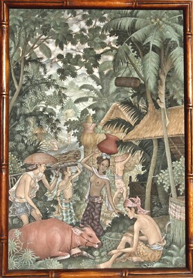 I. MADE SUTA INDONESIAN FRAMED ACRYLIC ON CANVAS "VILLAGE LIFE" C 1990 ...