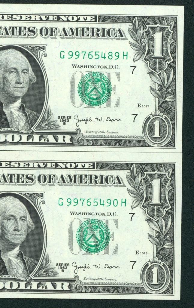 (HIGH SERIAL # -2 consecutive) $1 1963 B (CHOICE CU) JOSEPH BARR ...
