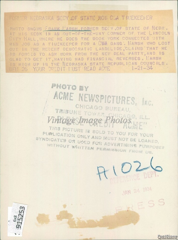 1934 Frank Marsh Former N.E Secy Of State Lost Re Election Politics 6X8 ...