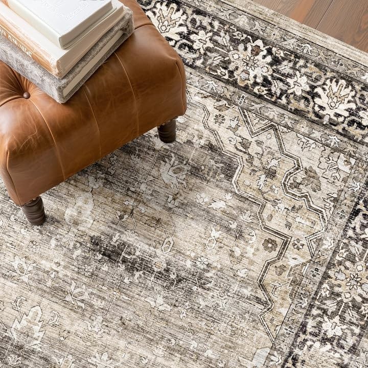 Gray Brown 5x7 Area Rugs for Living Room Washable Low Pile Soft Faux ...