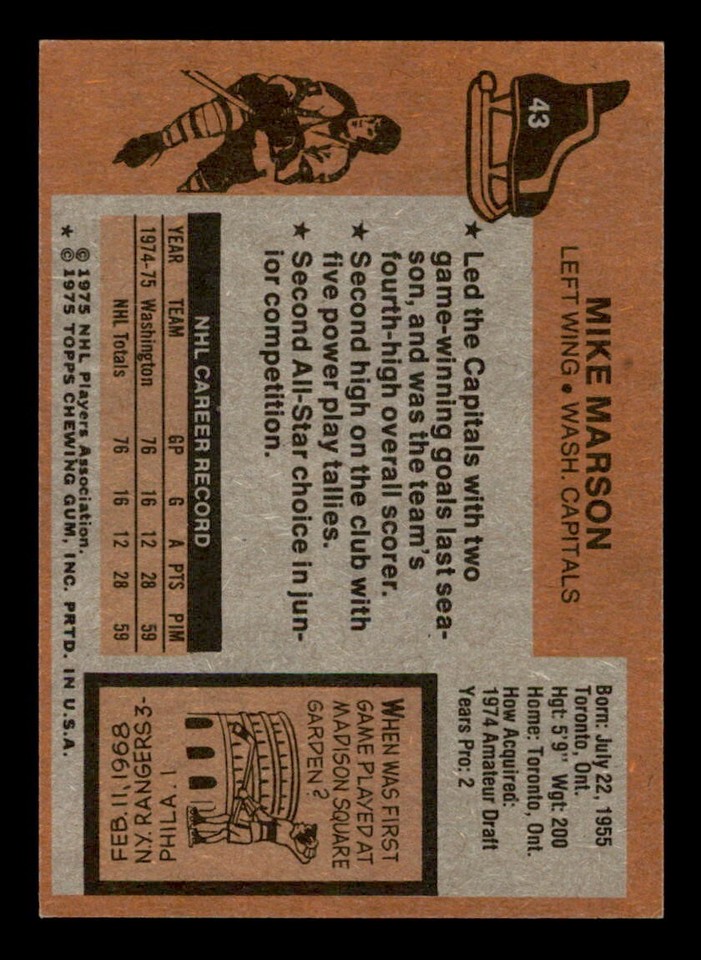 1975 Topps Hockey #43 Mike Marson NM *d2 | eBay