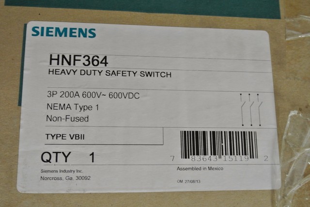 Siemens HNF364 200 Amp 600 V Non Fused Disconnect Safety Switch for ...