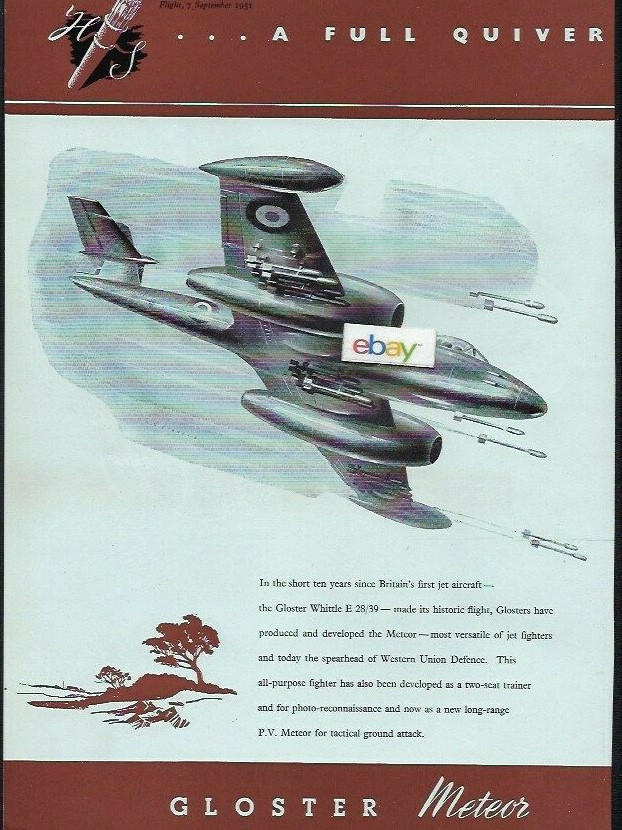 HAWKER SIDDELEY GROUP 2 PAGE LITHOGRAPH SEA HAWK & METEOR 1951 RAF AD ...