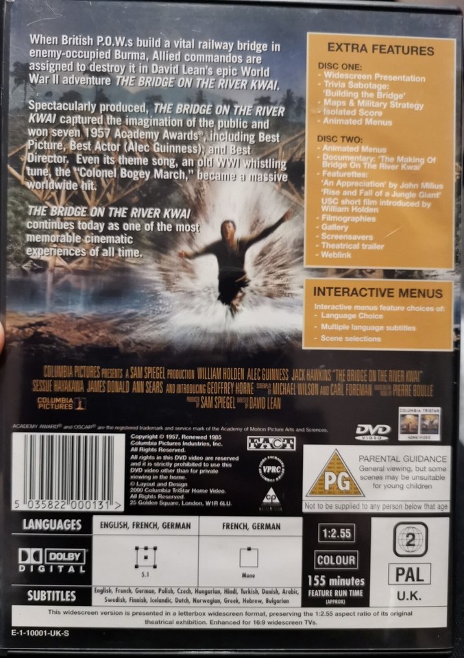 The Bridge On the River Kwai DVD (2000) Alec Guinness, 2 Disc special ...