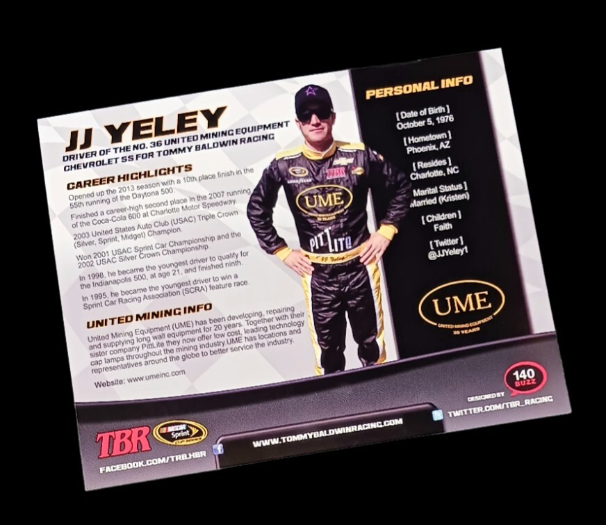 2013 Signed Nascar JJ Yeley #36 UME Sprint Cup Series Driver Handout ...
