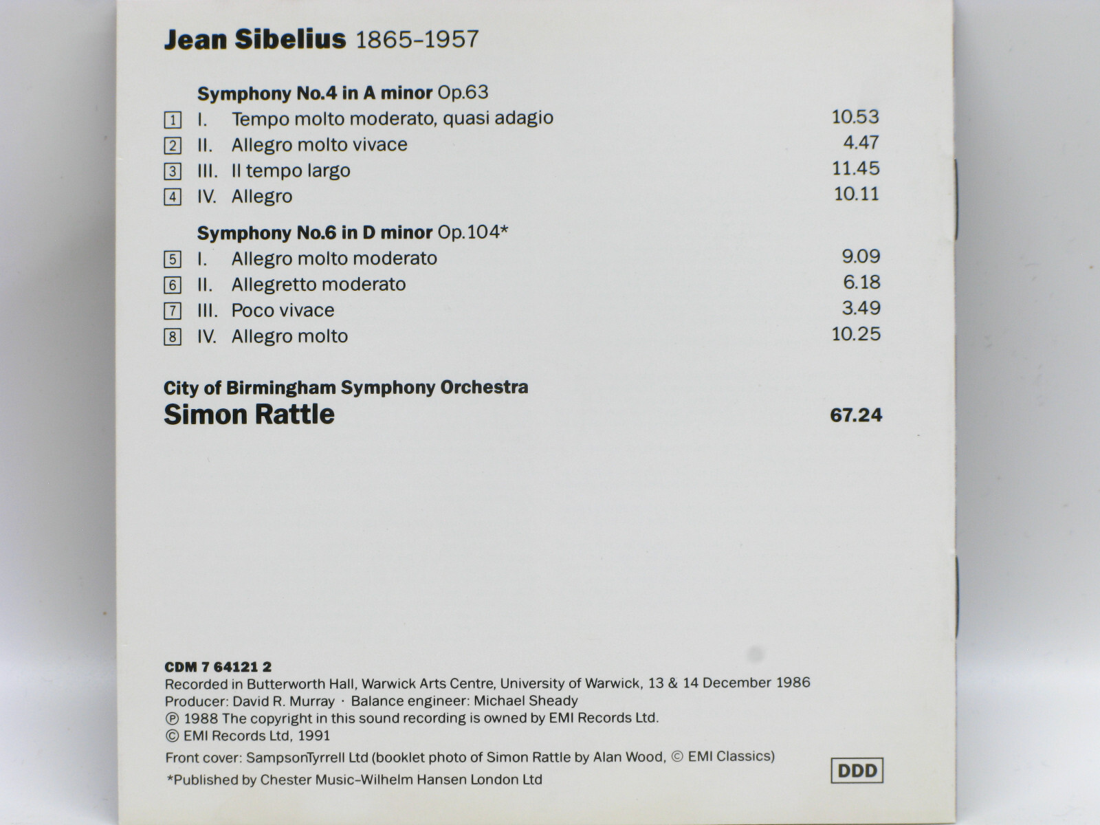 CD SIBELIUS Symphonies 4 & 6 Simon Rattle CBSO EMI VGC | eBay UK
