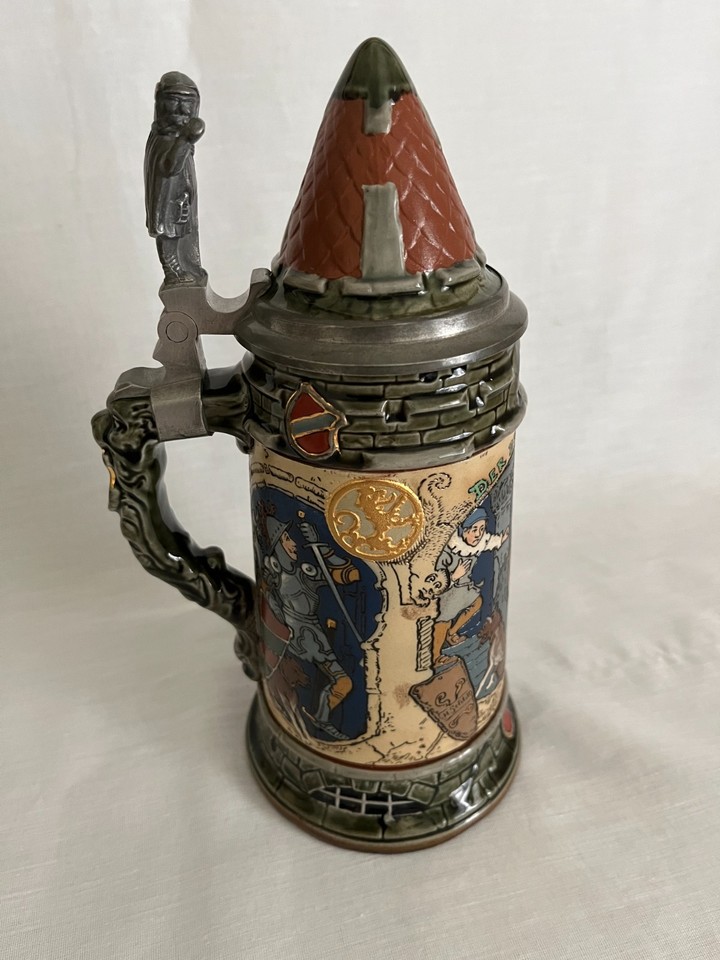 Antique German etched METTLACH Stein No. 2382, Thirsty Rider 1/2 L, Castle Top | eBay