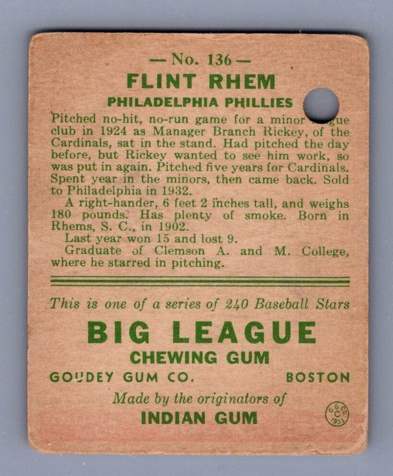 1933 Goudey Big League Chewing Gum R319 #136 Flint Rhem Rookie Card RC ...