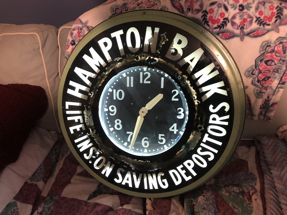 LARGE VINTAGE 1940’s NEON CLOCK Hampton Bank SIGN | eBay