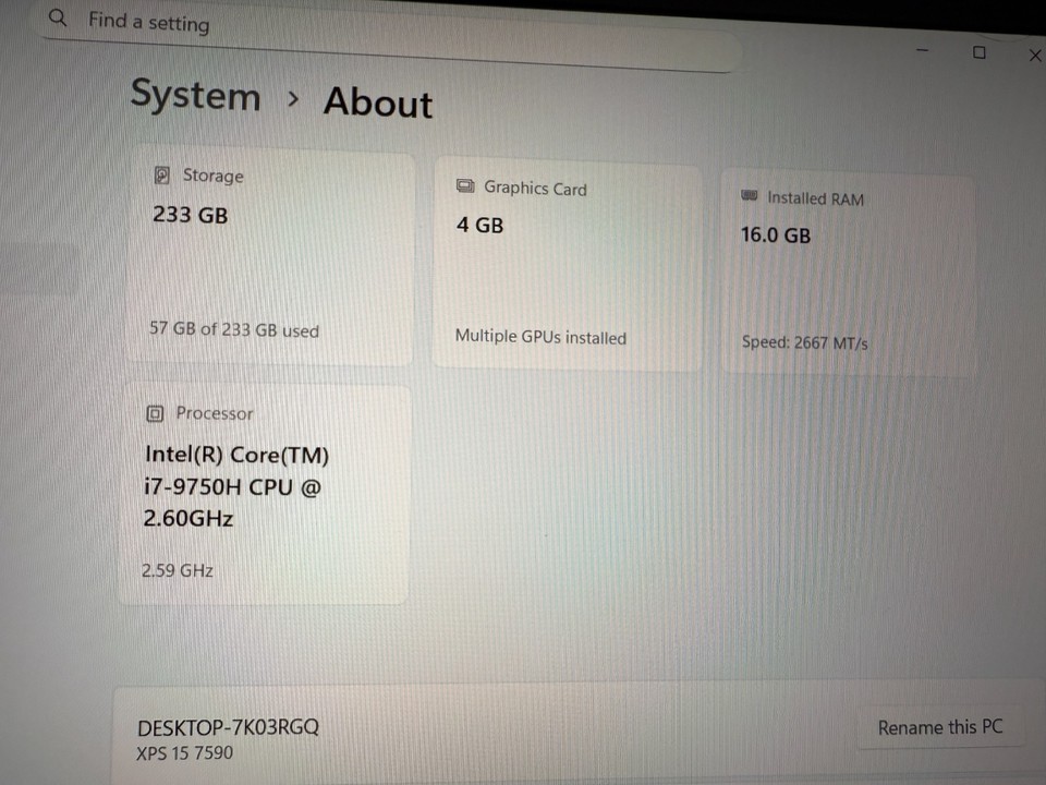 Dell XPS 15 7590 Intel i7-9750H 2.6GHz 16GB 256GB NVMe Win 11 Pro ...