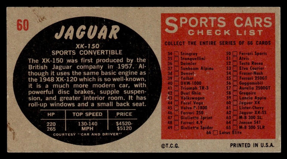 1961 Topps Sports Cars #60 Jaguar XK-150 NM | eBay