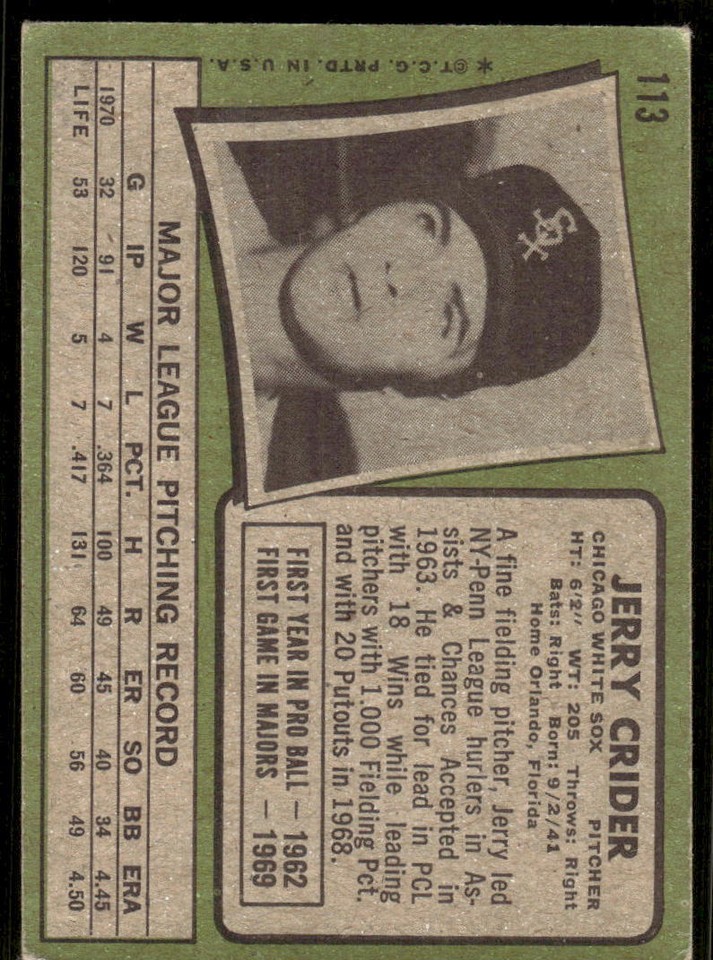 1971 Topps Jerry Crider #113 Chicago White Sox Baseball Card | eBay