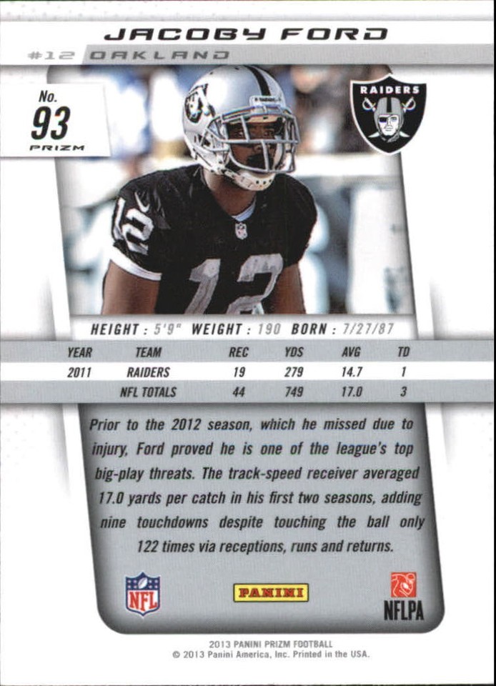 2013 Panini Prizm Prizms Oakland Raiders Football Card #93 Jacoby Ford ...