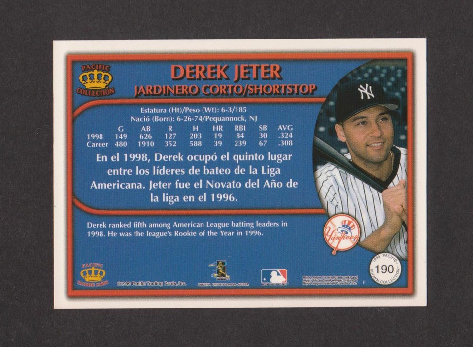 Derek Jeter 1999 Pacific Crown Collection Bilingual Back #190 | eBay