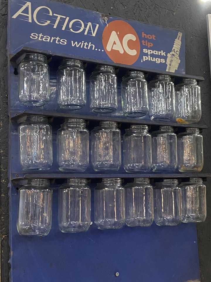 Vintage 1950's AC Hot Tip Spark Plugs Glass Jar Display Rack ...