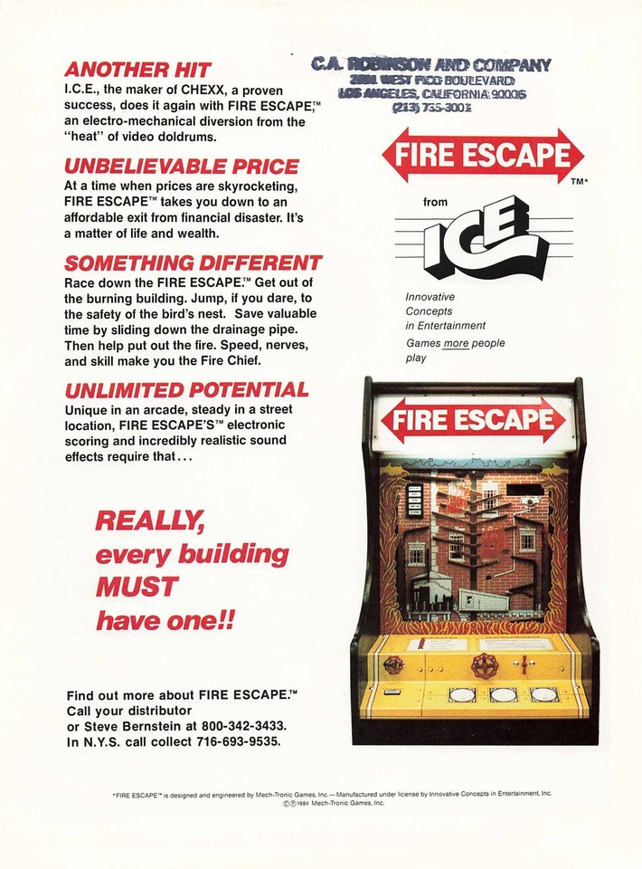 Vintage 1984 FIRE ESCAPE Arcade Video Game Promo Flyer ICE Mech-Tronic ...