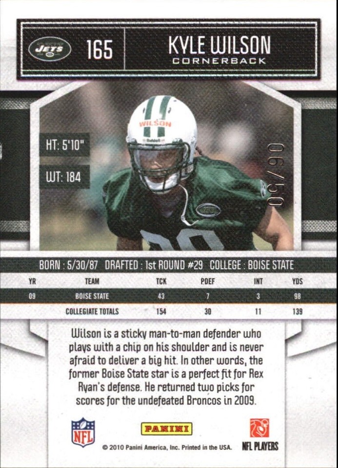 2010 Classics Timeless Tributes Gold Jets Football Card #165 Kyle ...