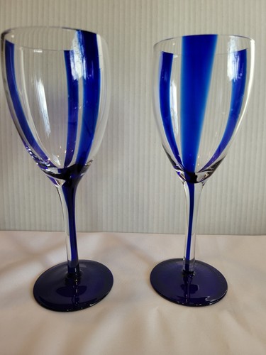 Set of 2 Pier 1 Imports Vertical Blue Stripe Blown Wine Glasses Goblets ...