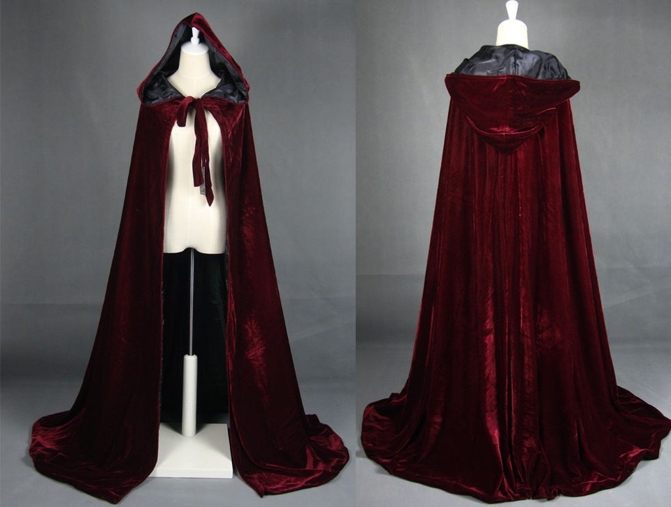 Hooded Velvet Halloween Cloak Cape Wizard Vampire Witch Wedding Wicca ...