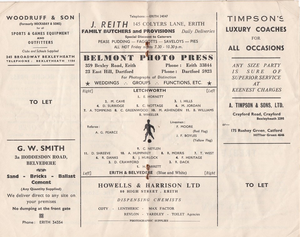 1960/61 Erith & Belvedere v Letchworth, Corinthian League - good | eBay UK