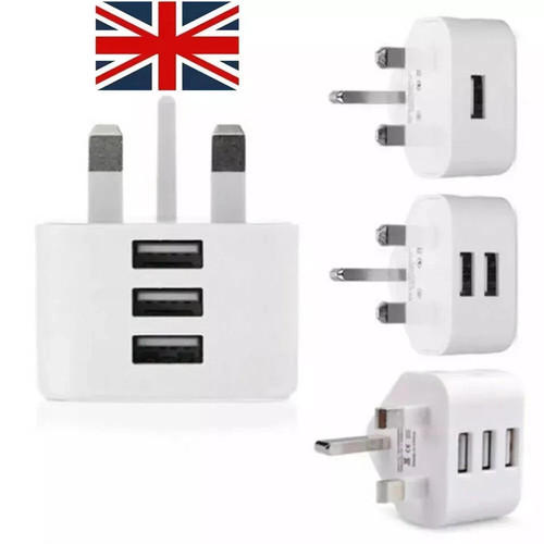 UK 3 Pin Dual USB Plug Adapter Mains Wall Charger 1/2/3-Port For Phones ...