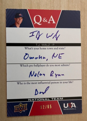 2009 USA Baseball T.J. Walz Q & A Autograph Card 62/65 | eBay
