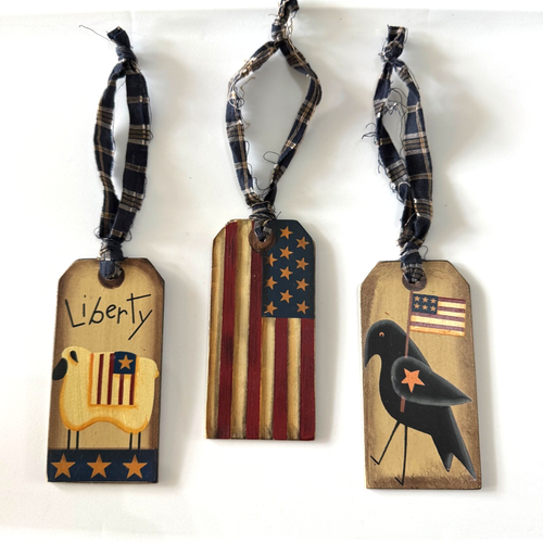 Primitive Style Wooden Tags Patriotic Flag Crow Sheep Set of Three ...