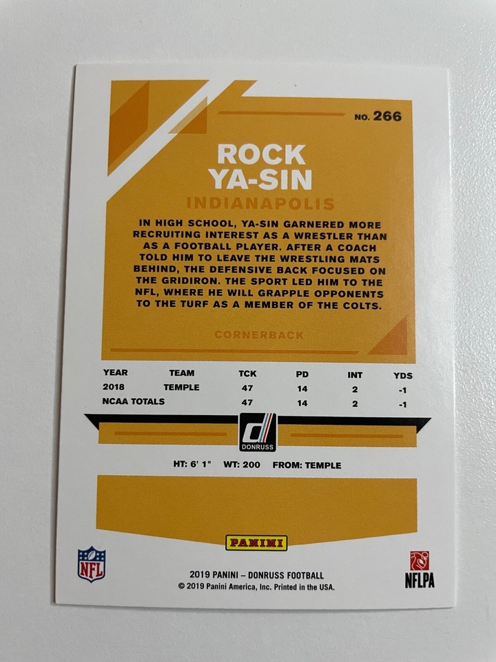 Rock Ya-Sin ROOKIE 2019 Panini Donruss Football #266 Colts RC NFL ...