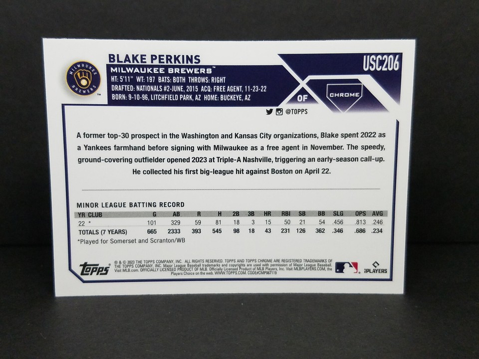 2023 Chrome Update #USC206 Blake Perkins, Brewers (RC) - Base Rookie ...