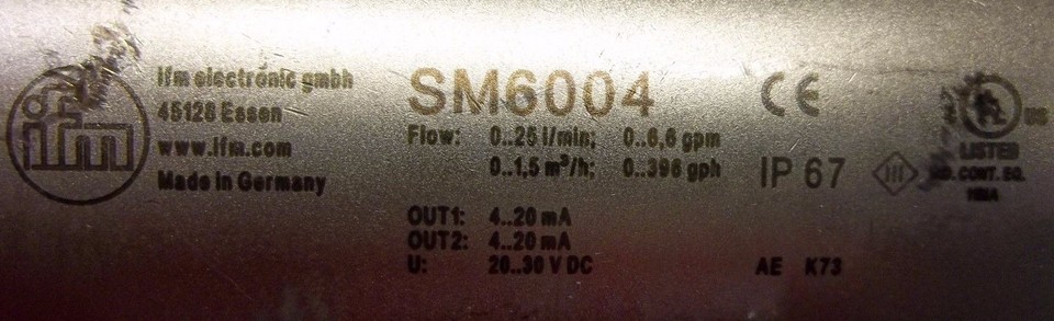 IFM ELECTRONIC GMBH SM6004 MAGNETIC FLOW METER IP 67 4..20MA 20..30VDC ...