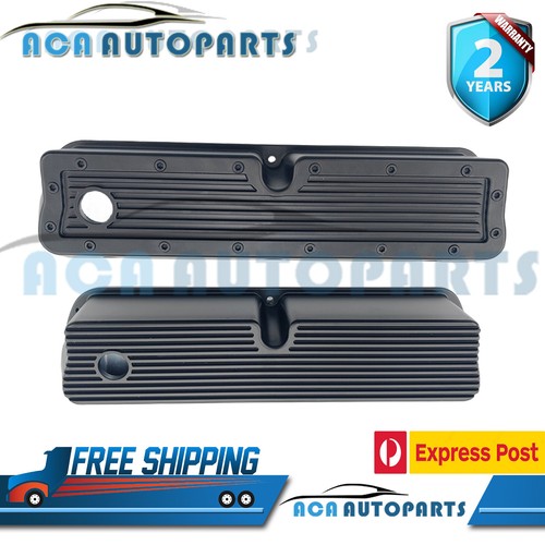 For Ford SB 289 302 351 Windsor Valve Covers Black Ribbed Aluminu Tall ...