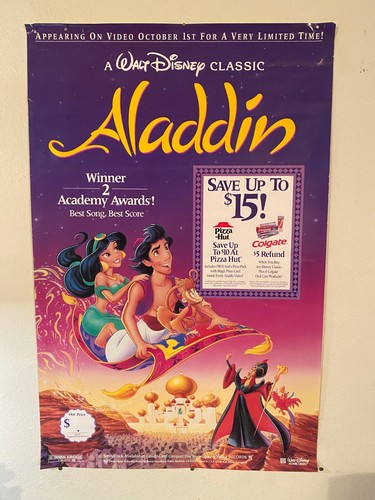 Poster: Aladdin: Walt Disney: Video Store/VHS original promo Pizza Hut ...