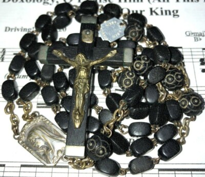 Antique/Vintage Rosary France, Bakelite, Brass/Wood Crucifix, Metal Tag ...