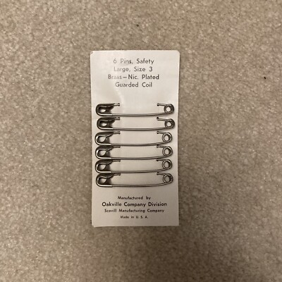 Vintage 6 Large Coil Safety Pins Scovill # 3 Brass Nickel Plated Made ...