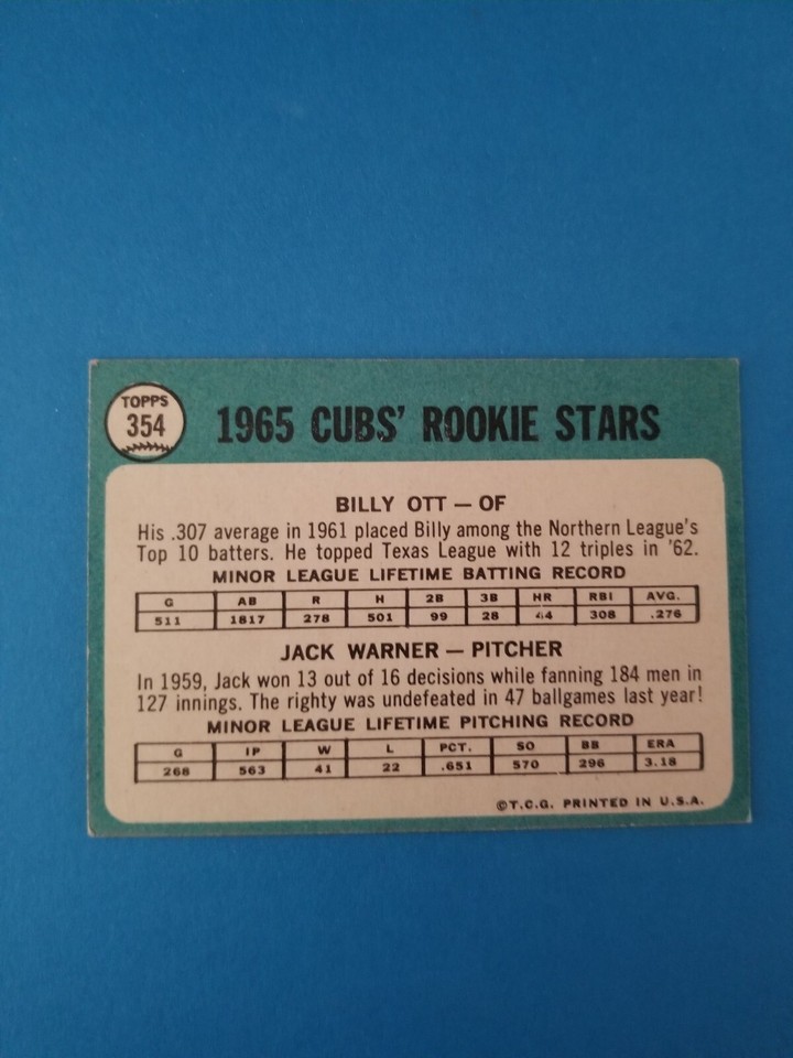 1965 TOPPS #354 Cubs Rookie Stars Billy Ott and Jack Warner EXC | eBay