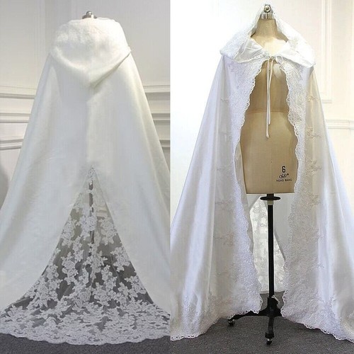 White Satin Lace Wedding Cloaks With Hooded Wraps Long Bridal Church ...