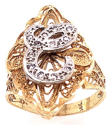 14 Karat Yellow and White Gold Name Initial C Ring with Round Diamonds ...