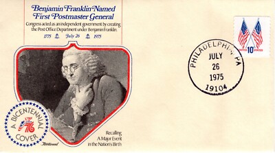 FRANKLIN NAMED FIRST POSTMASTER GENERAL, PHILADELPHIA, PA 1975 FDC17102 ...