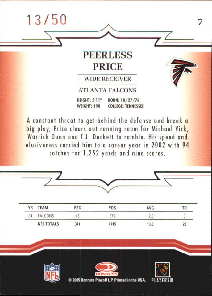 2005 Throwback Threads Platinum Holofoil #7 Peerless Price Falcons /50 ...