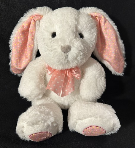 New Hugfun White Easter Bunny Rabbit Pink Polka Dot Ears, Bow, 11 ...