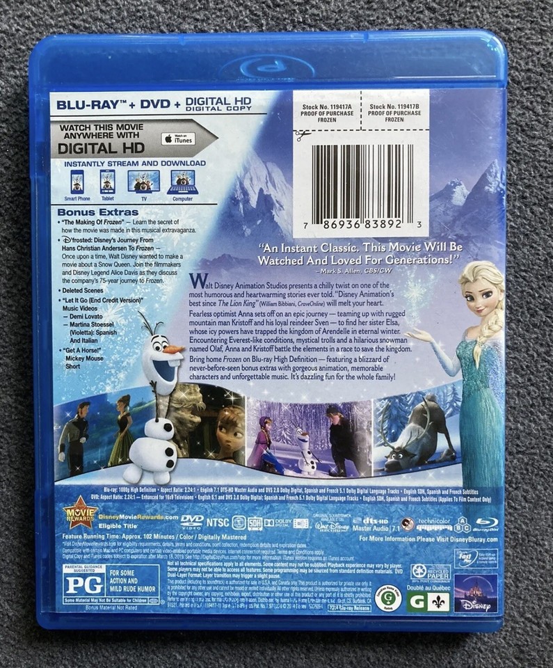 Frozen Blu-ray & DVD 2-disc set, 2013 - Elsa Movie Disney Animation ...