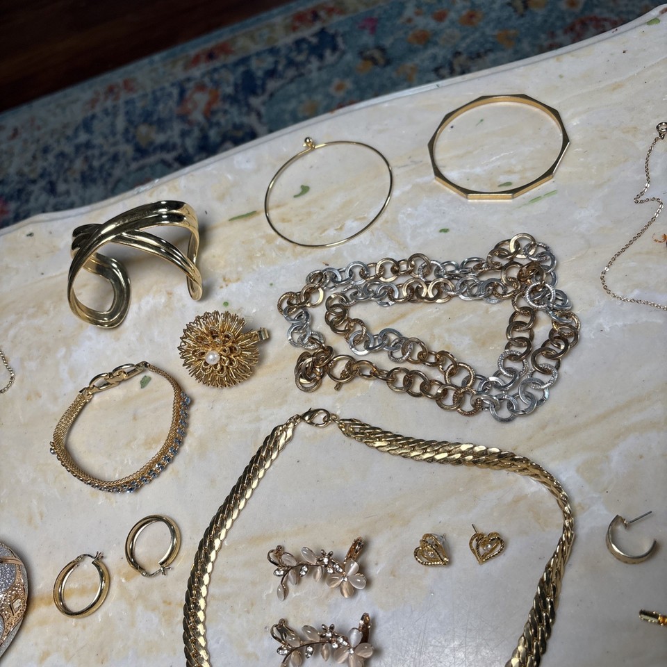 Gold Tone Jewelry Lot Heart Chain link Hoops Bracelets Brooch Lot Of 39 ...