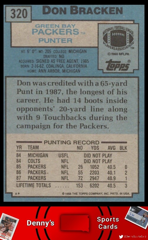1988 Topps #320 Don Bracken Green Bay Packers Football Card | eBay