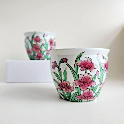 Lot of 2 Hand-Painted Ceramic Planters, Whimsical Floral Design | eBay