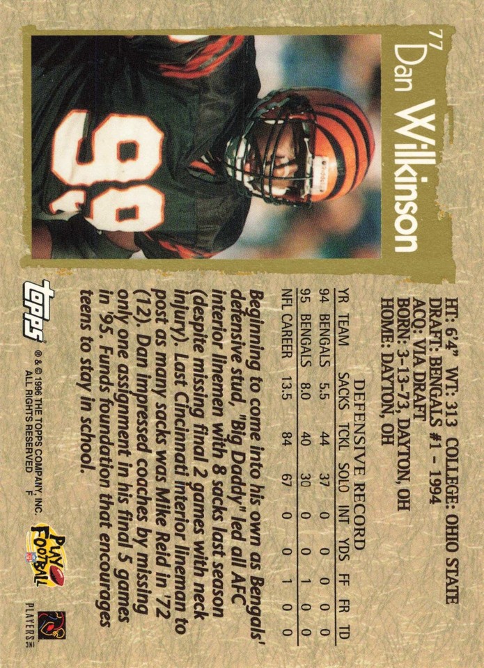 Dan Wilkinson 1996 Topps #77 Cincinnati Bengals Football | eBay