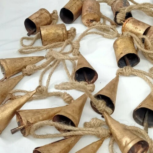 20 Triangular Rustic gold Tin Cow Bells bulk 3" vintage style Christmas ...